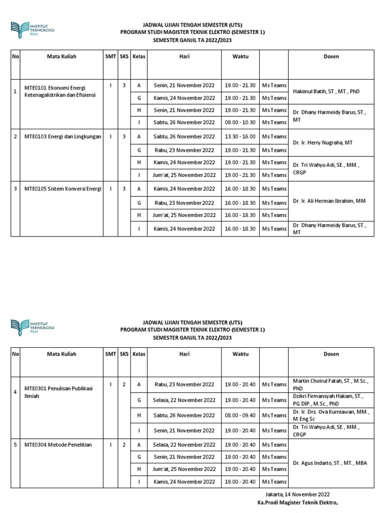 Jadwal UTS Ganjil SMSTR 1 TA 2022 - 2023 | PDF