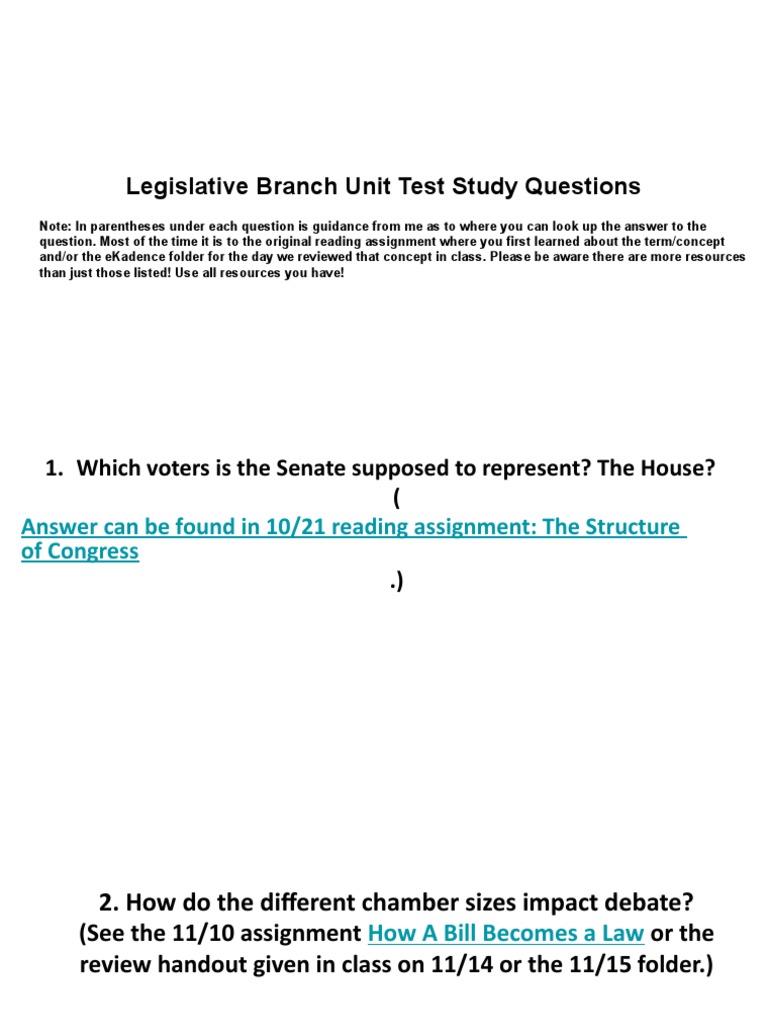 2022 Legislative Branch Study Questions | PDF