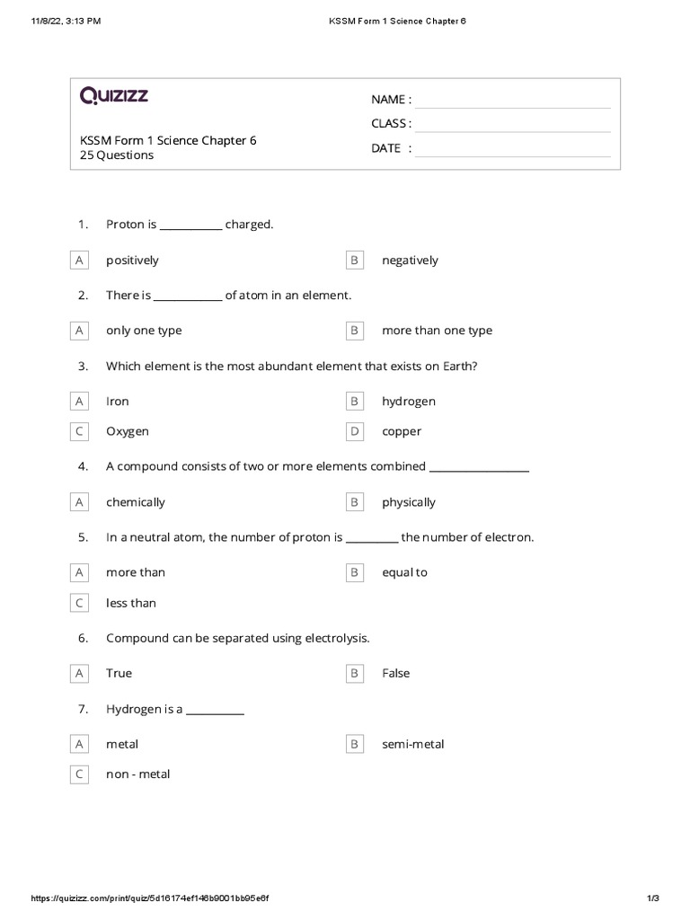 Form 1 Science Quiz: Elements & Compounds | PDF | Chemical Compounds ...