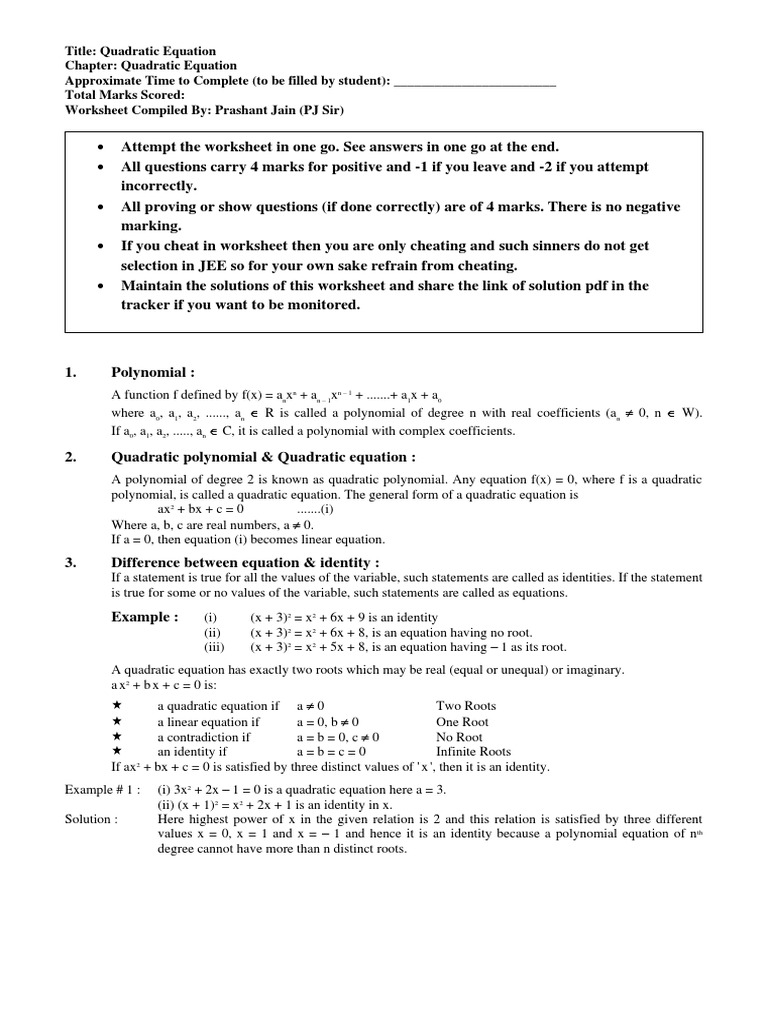 Worksheet Quadratic Equation | PDF | Quadratic Equation | Equations