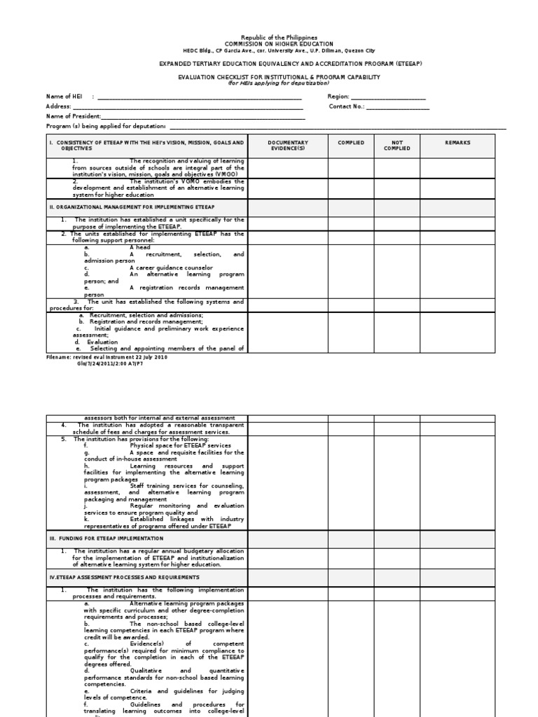 ETEEAP Evaluation Checklist for HEIs | PDF | Competence (Human ...