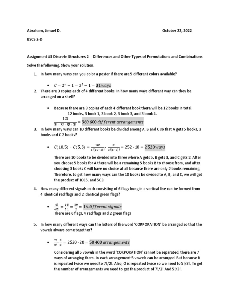 Assignment#2 - Difference and Other Types of Permutations and Combinations - Abraham.Jimuel.D ...