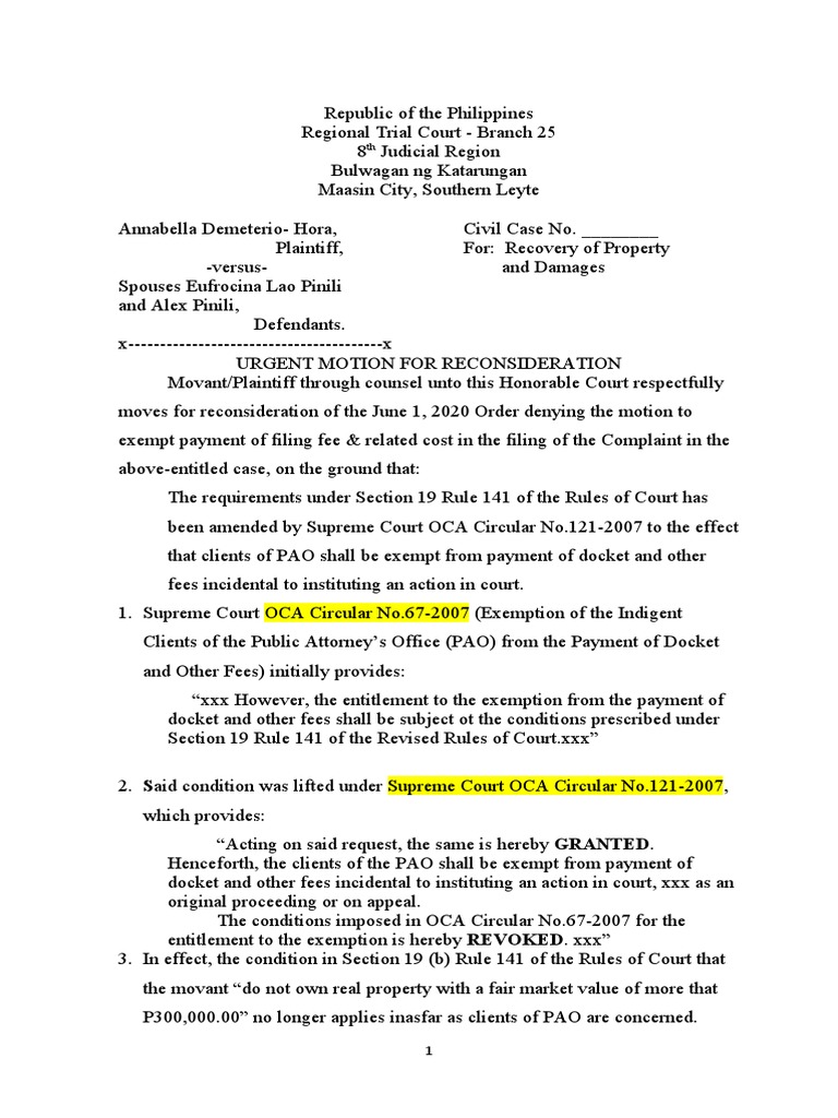 Pleading - Exemption of PAO From Docket and Filing Fees | PDF | Lawsuit ...