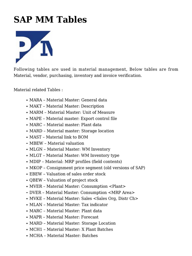 SAP MM Tables Overview | PDF