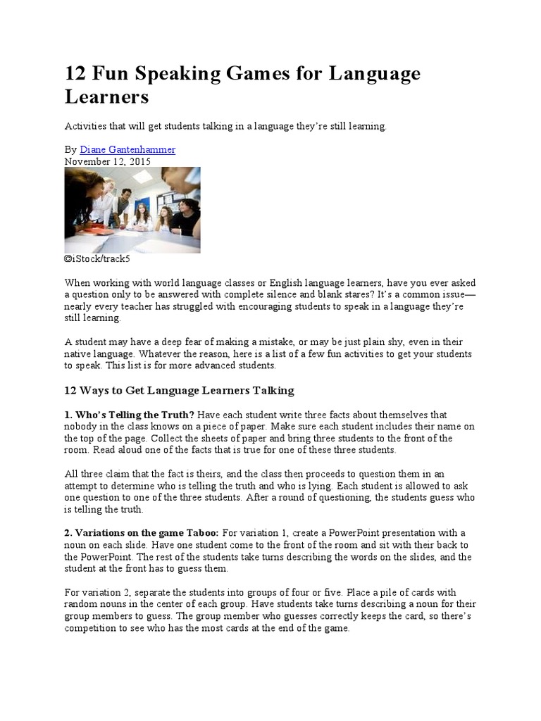 12 Fun Speaking Games For Language Learners | PDF | Truth | Cognitive ...