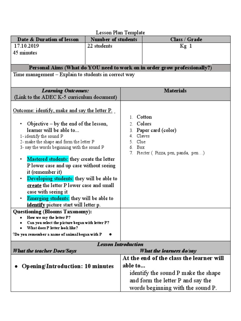 Lesson Plan Letter P - 2 | PDF | Thought | Lesson Plan