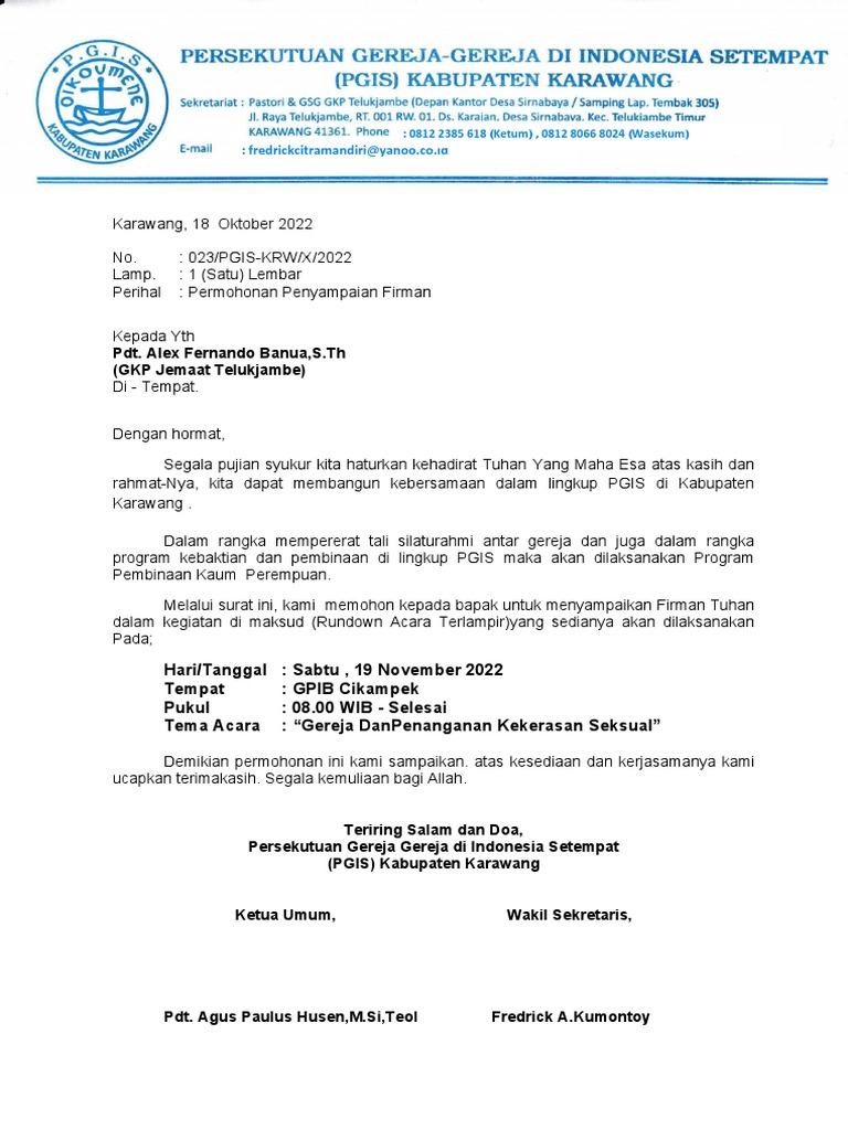 Surat Permohonan Pelayanan Firman PDT Alex | PDF