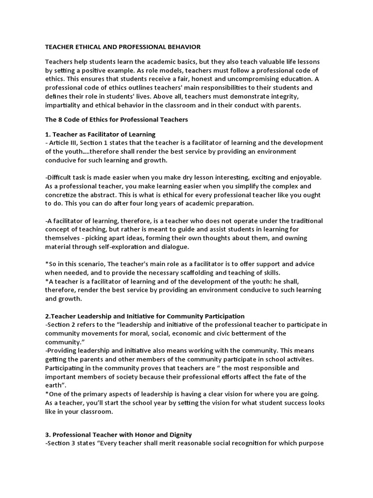 Teacher Ethical and PRofessional Behavior | PDF