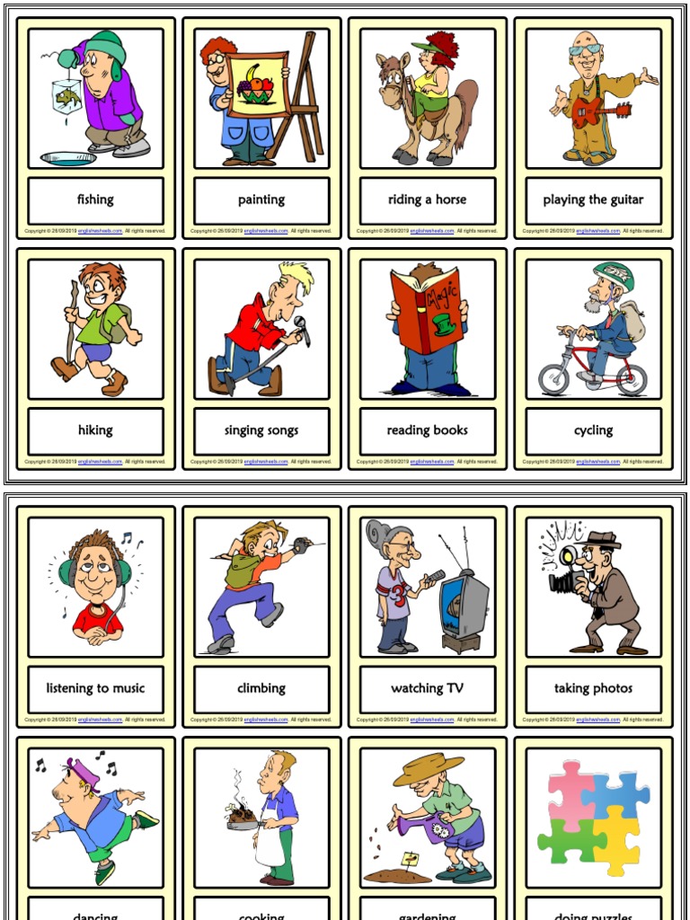 Hobbies Vocabulary Esl Printable Learning Cards For Kids | Download ...