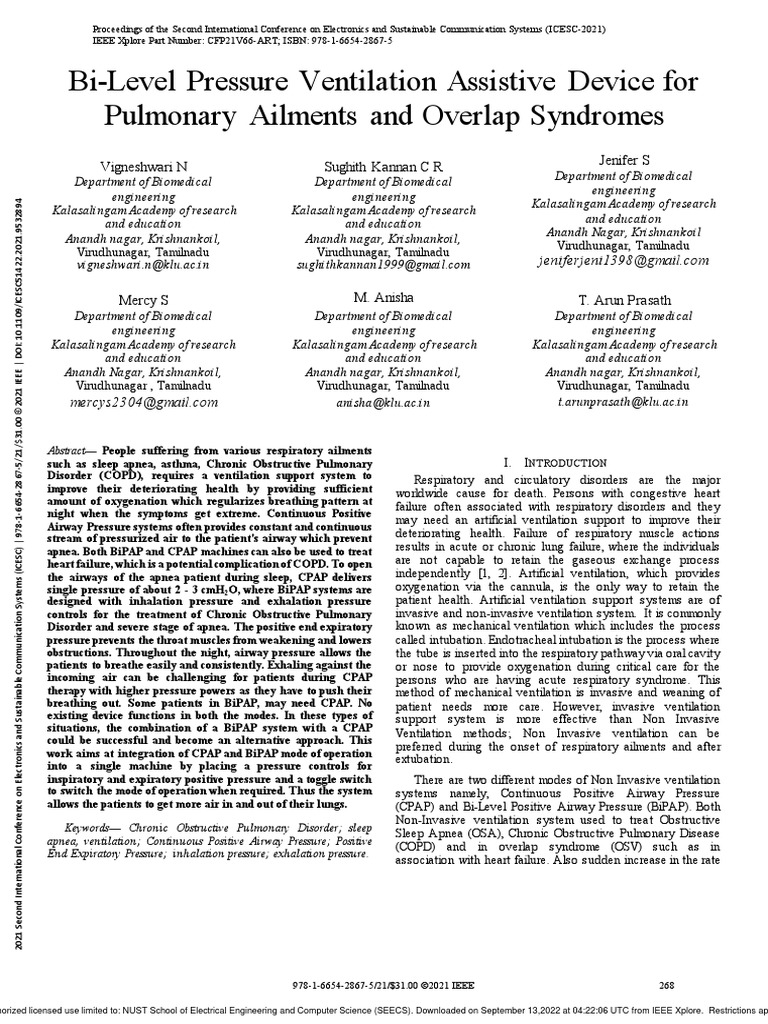 Bi-Level Pressure Ventilation Assistive Device For Pulmonary Ailments ...