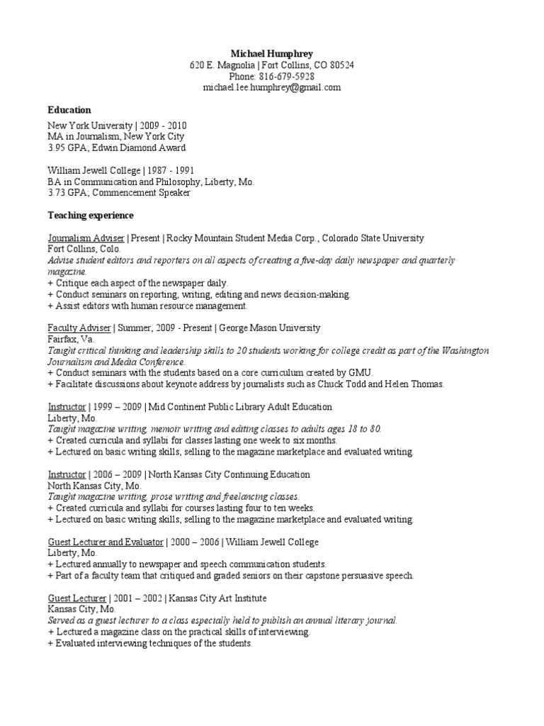 Michael Humphrey Resume | PDF | Editing | Curriculum