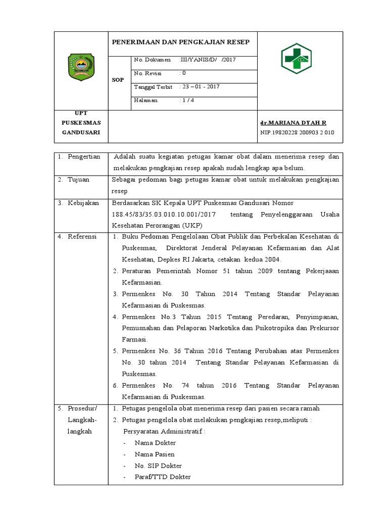 SOP Penerimaan Dan Pengkajian Resep | PDF