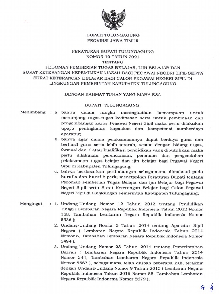 Perbup Nomor 10 Tahun 2021 Ijin Belajar Dan Tugas Belajar | PDF