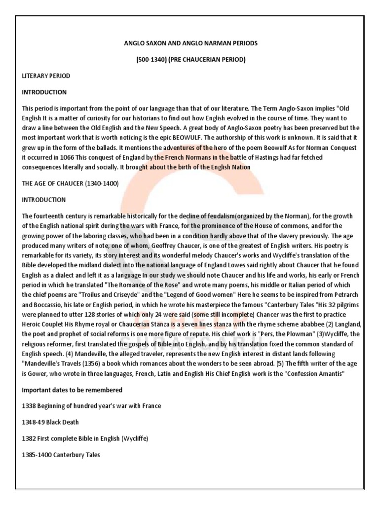 Anglo Saxon and Anglo Narman Periods (500-1340) (PRE CHAUCERIAN PERIOD) | PDF