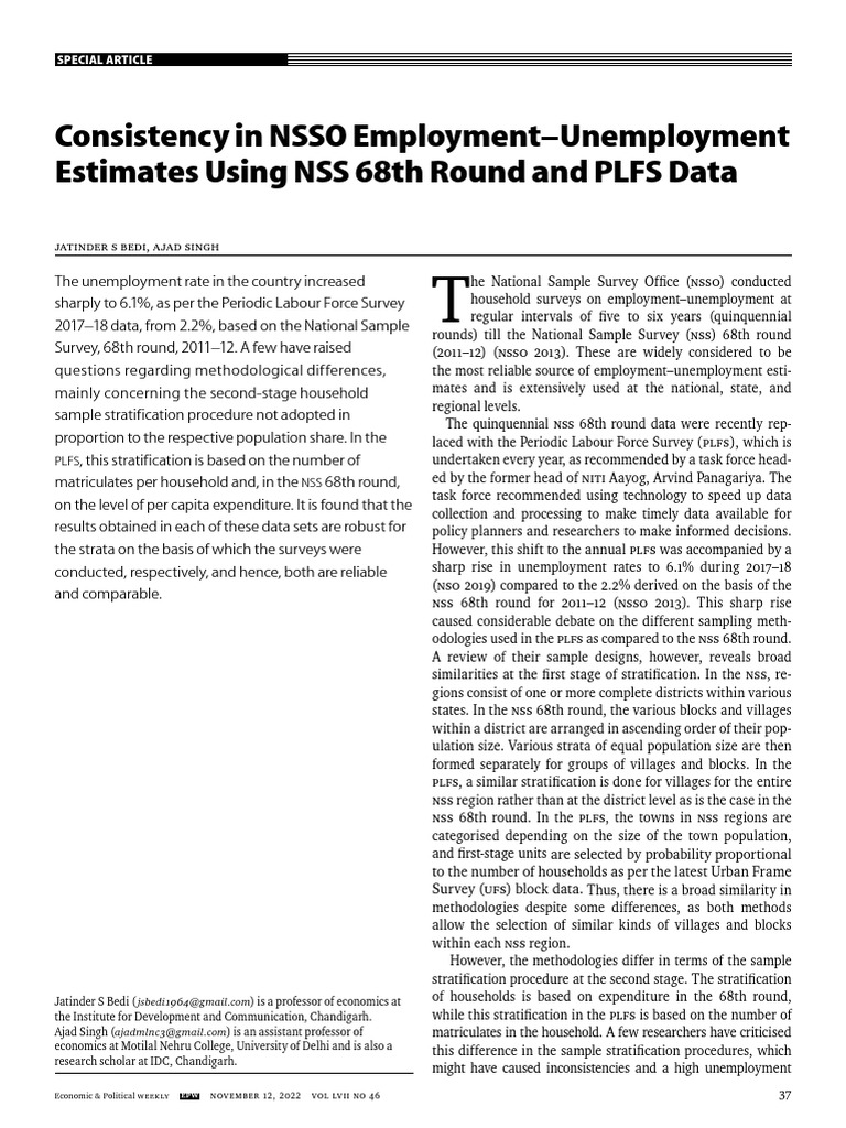 Consistency in NSSO Employment-Unemployment Bedi | PDF