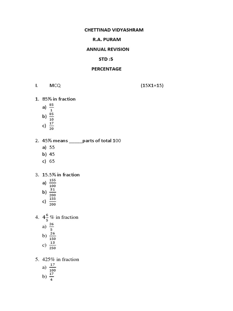 Class 5 Percentage Revision | PDF