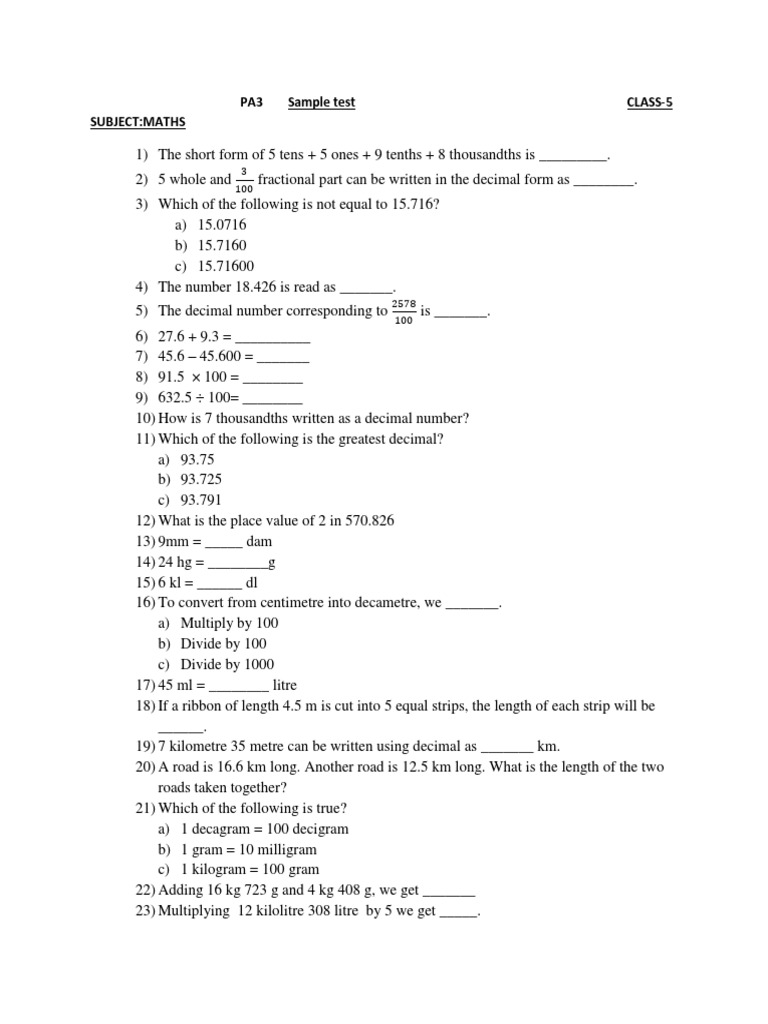 Pa3 Sample Paper | PDF | Litre | Quantity