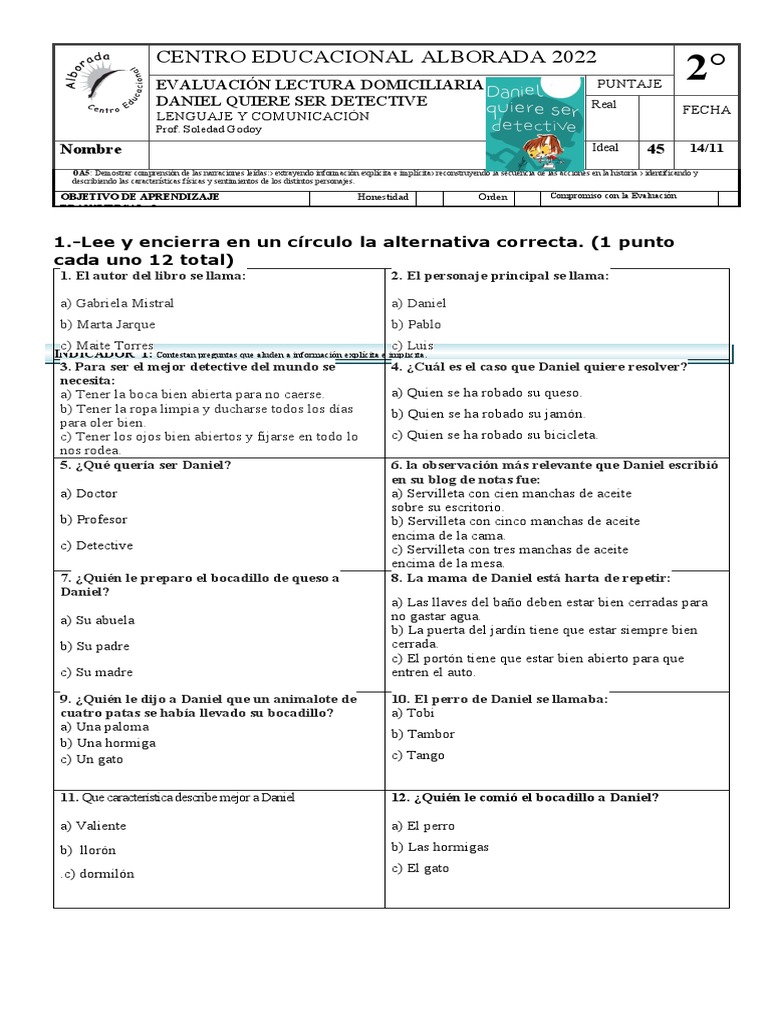 Evaluacion Comprensión Daniel Quiere Ser Detective Ok | PDF