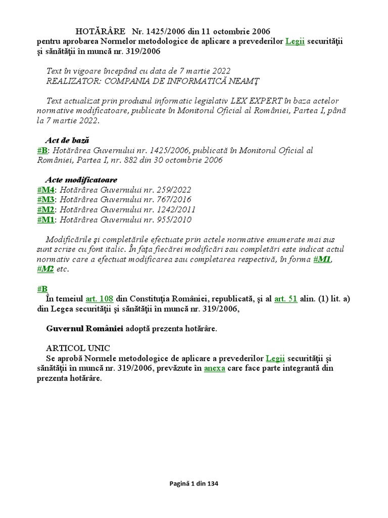 HG 1425 Din 2006 Actualizat Martie 2022 | PDF