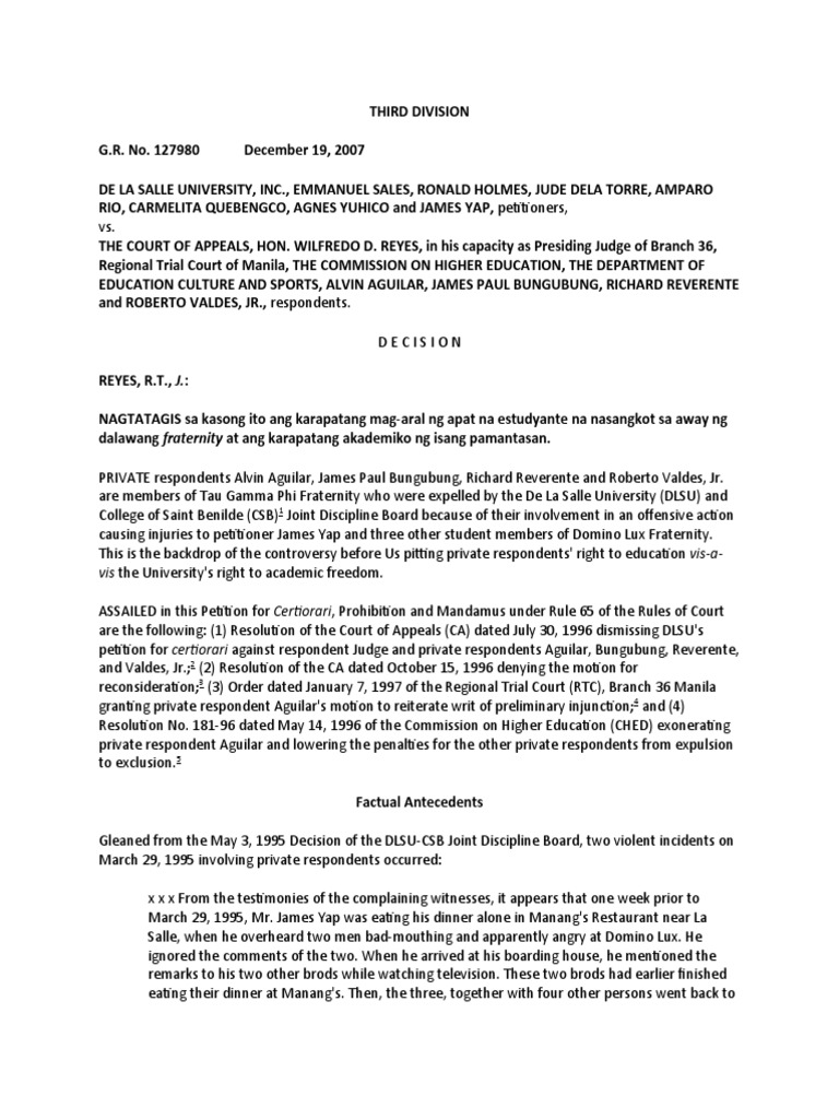 DLSU Vs CA 541 Scra 22 | PDF | Due Process Clause | Witness