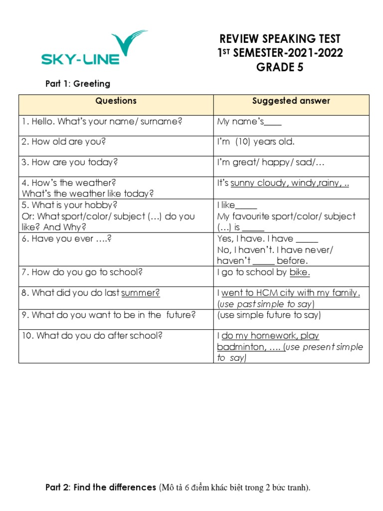 1st Term Grade 5 - Speaking Reviewing | PDF
