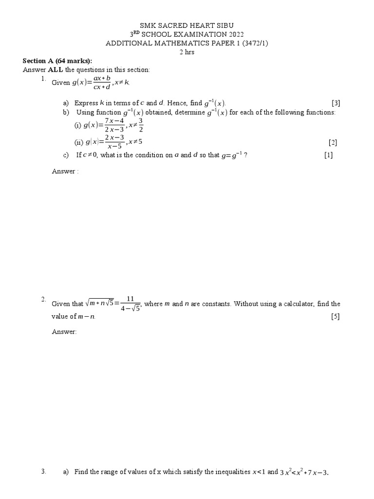 Form 4 Add Maths Exam Paper 1 | PDF