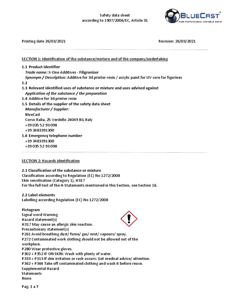 MSDS BlueCast X - ONE Additives | PDF