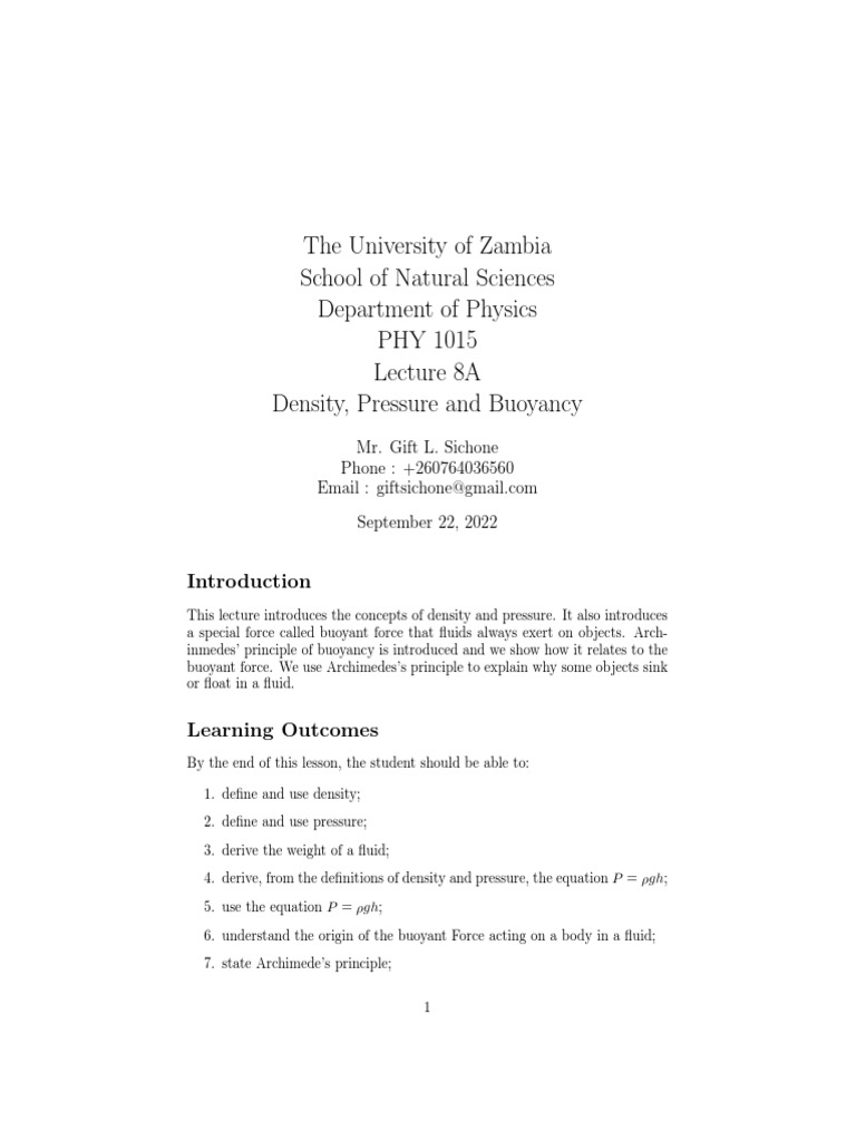 UNZA PHY 1015 Lecture 8A - Density, Pressure and Buoyancy | PDF ...