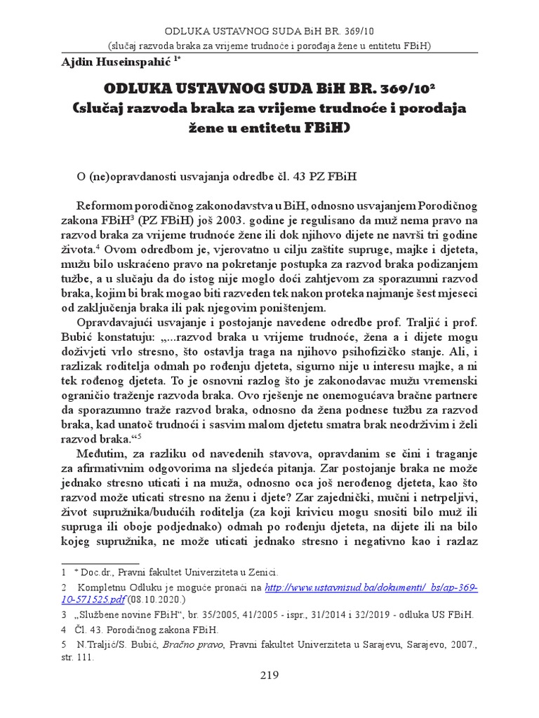 Porodicni Zakon - Sudska Praksa U Slucaju Razvoda Trudnice Ili Porodilje | PDF