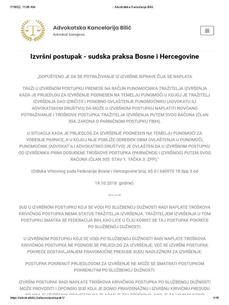 Izvrsni Postupak U BiH - Sudska Praksa | PDF