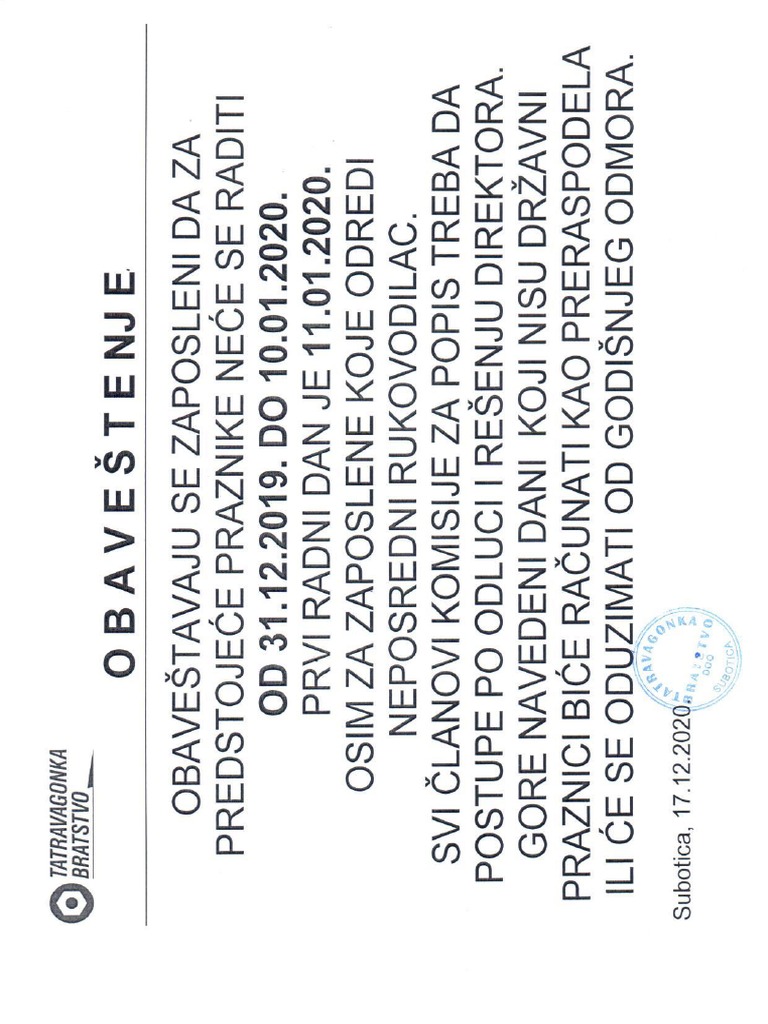 Obaveštenje Neradni Dani Za Praznike | PDF