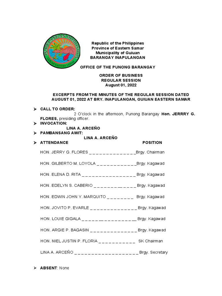 Brgy - Minutes August 1 | PDF