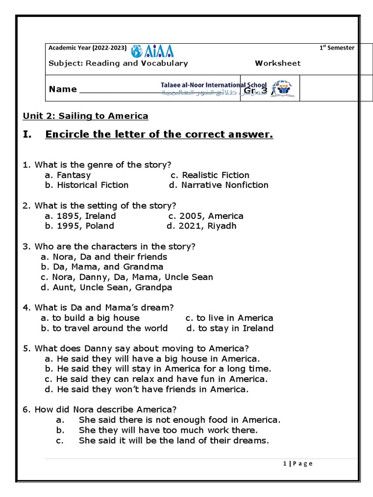 Reading Worksheet Sailing To America | PDF