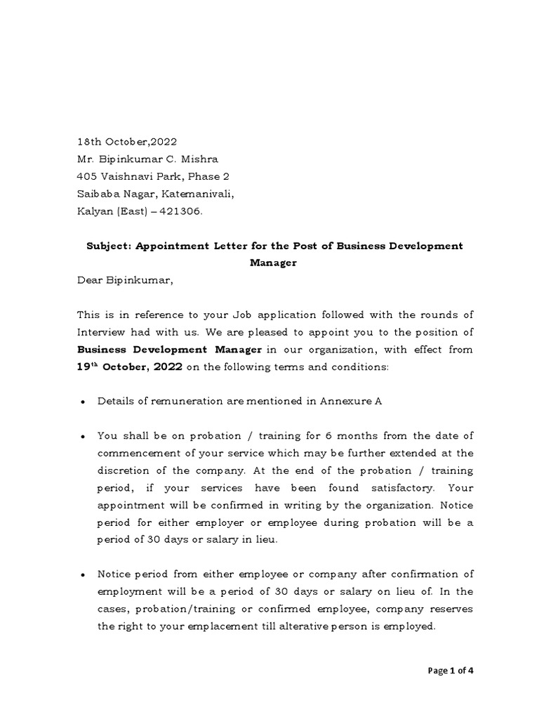 Appointment Letter - Bipinkumar C. Mishra | PDF | Employment | Salary