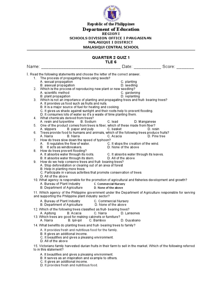 Quarter 2 Quiz 1 Tle | PDF | Trees | Plants