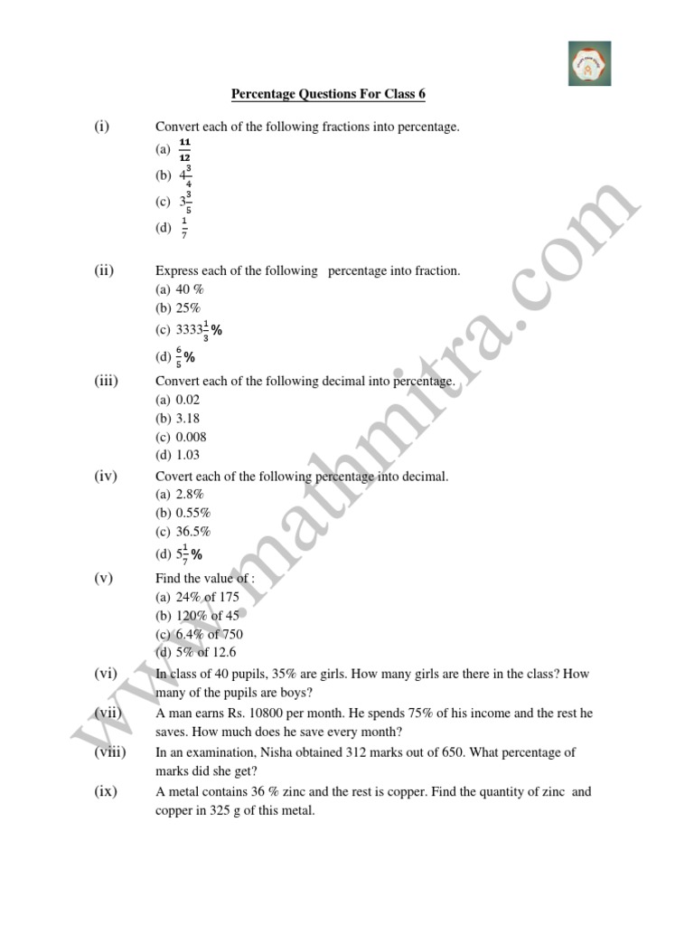 Percentage Worksheet | PDF | Percentage | Mathematics