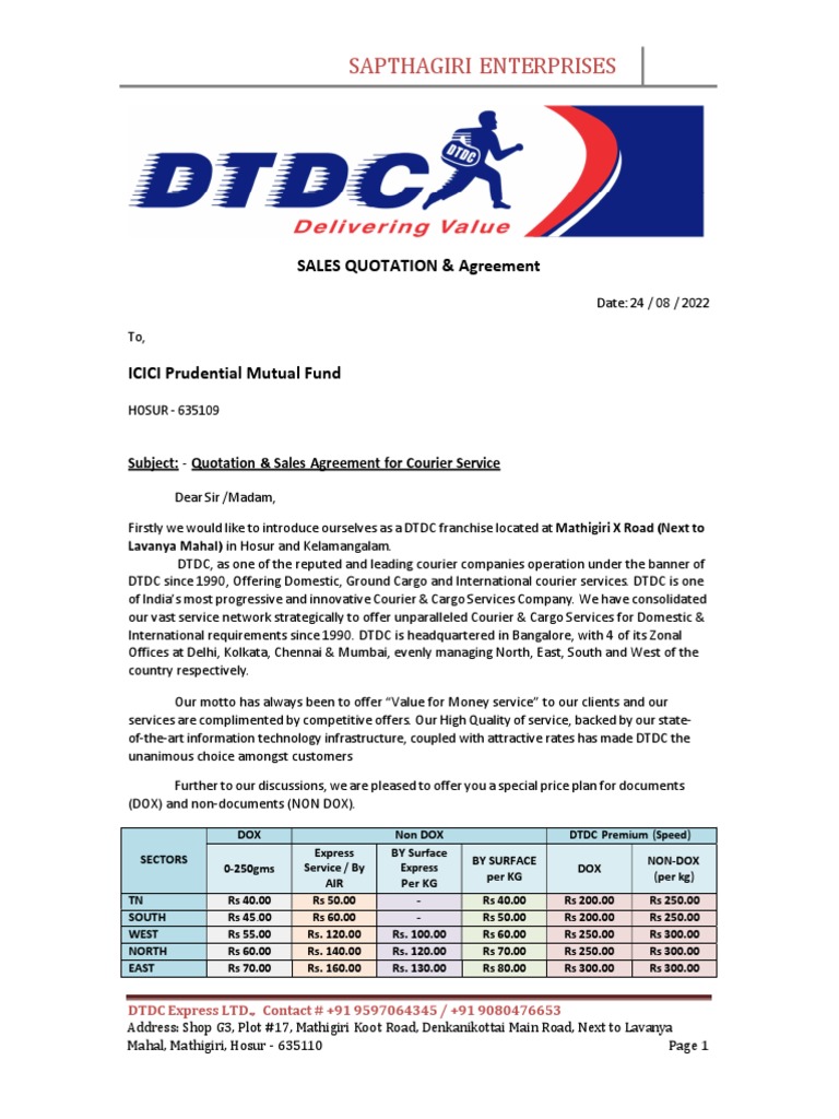 DTDC Courier Quotation - ICICI Pru Mutual Fund | PDF