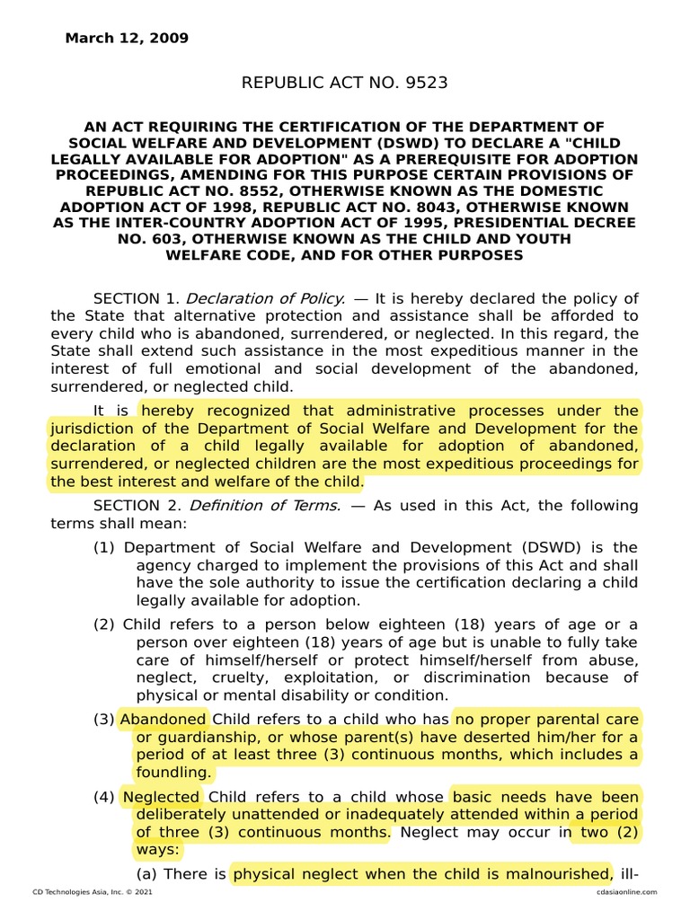 Republic Act No. 9523 - Amending RA 8552, RA 8043 and PD 603 Re ...