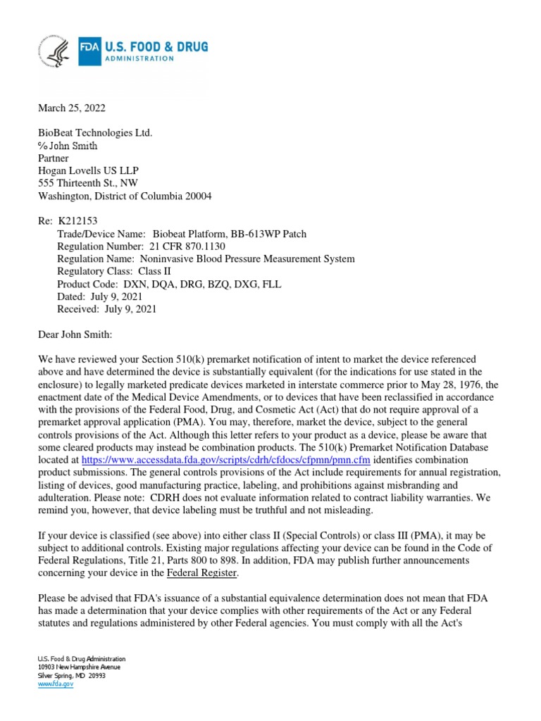 FDA Clears Biobeat Monitoring Patch | PDF