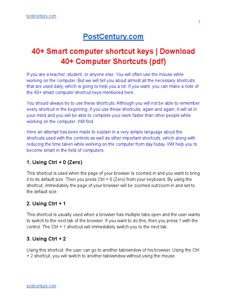 40 Smart Computer Shortcut Keys Download 40 Computer Shortcuts PDF | PDF