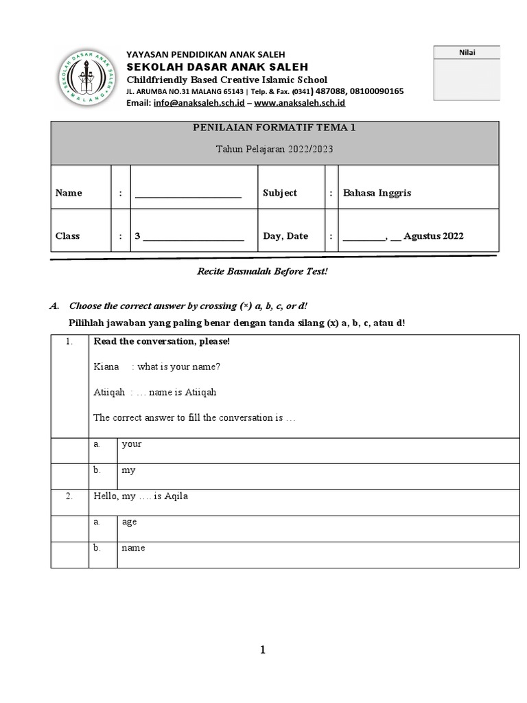 Penilaian Formatif Tema 1 (English) | PDF