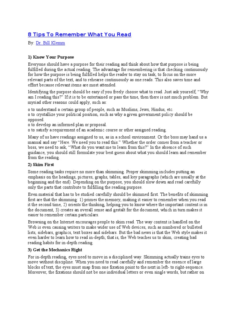 8 Tips for Effective Reading Retention | PDF | Memory | Speed Reading