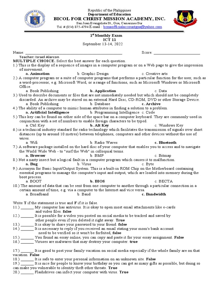 Grade 11-ICT 1st Monthly | PDF | Bios | Computer Virus