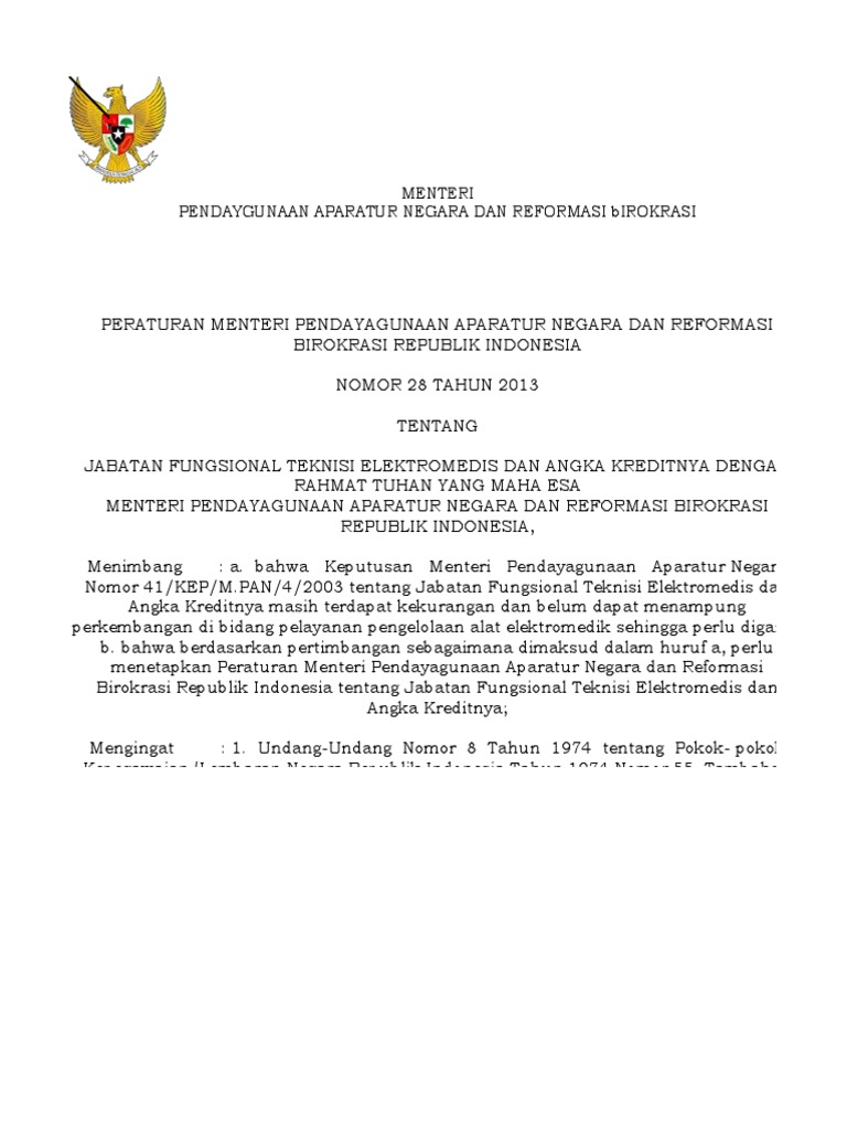 Permenpan No 28 Tahun 2013 Fungsional Elektromedis | PDF