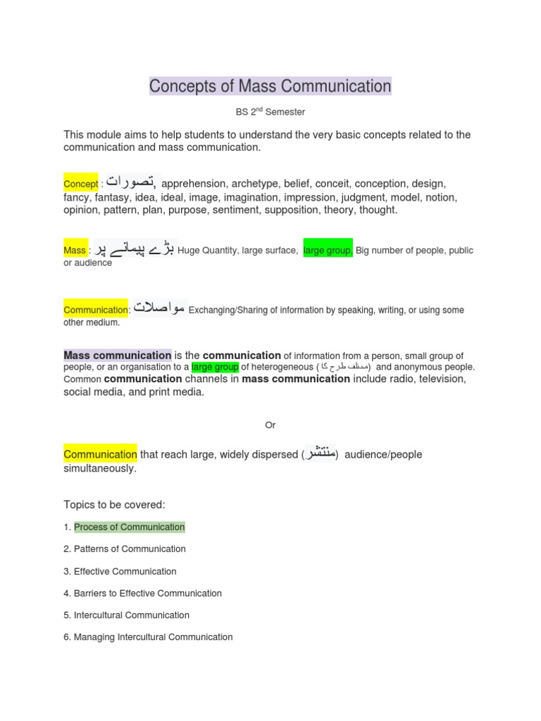 Concepts of Mass Communication Lecture 1 | PDF | Communication | Nonverbal Communication