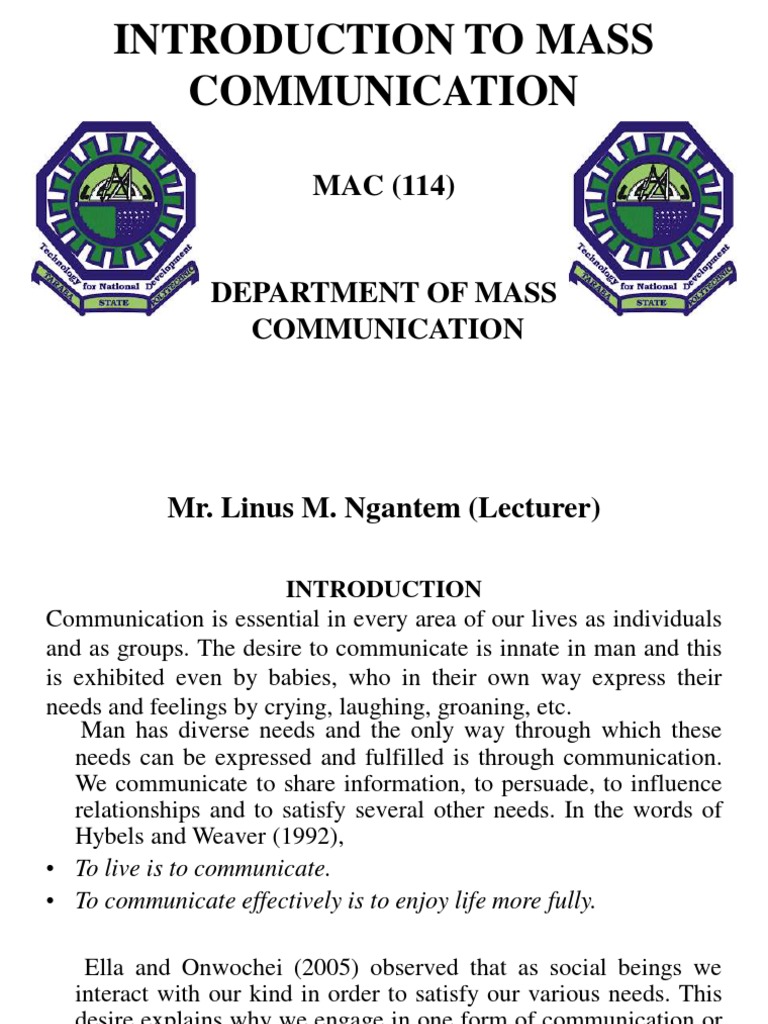 INTRODUCTION TO MASS COMMUNICATION Lecture Slides | PDF | Communication ...