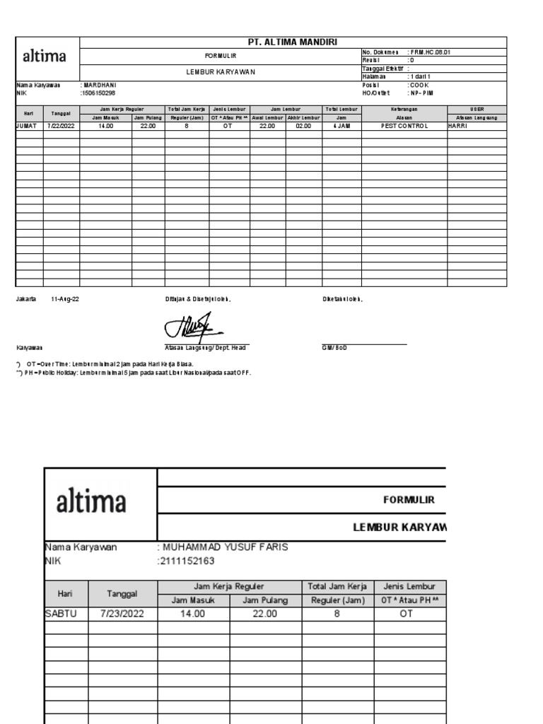 Formulir Lembur Karyawan Altima | PDF