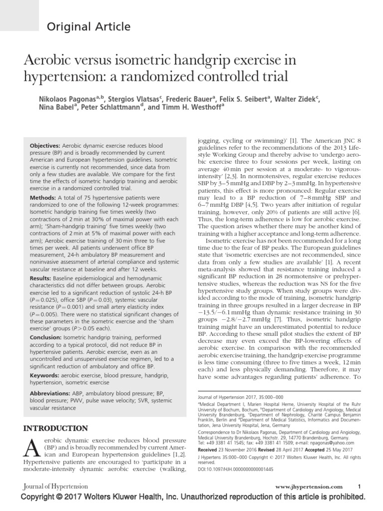 Aerobic Versus Isometric Handgrip Exercise in Hypertension: A ...