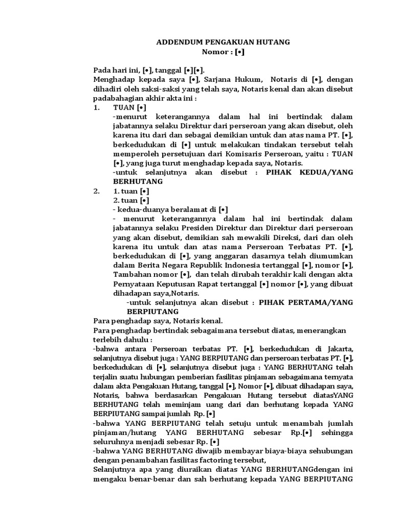 Addendum Pengakuan Hutang PT. [•] | PDF