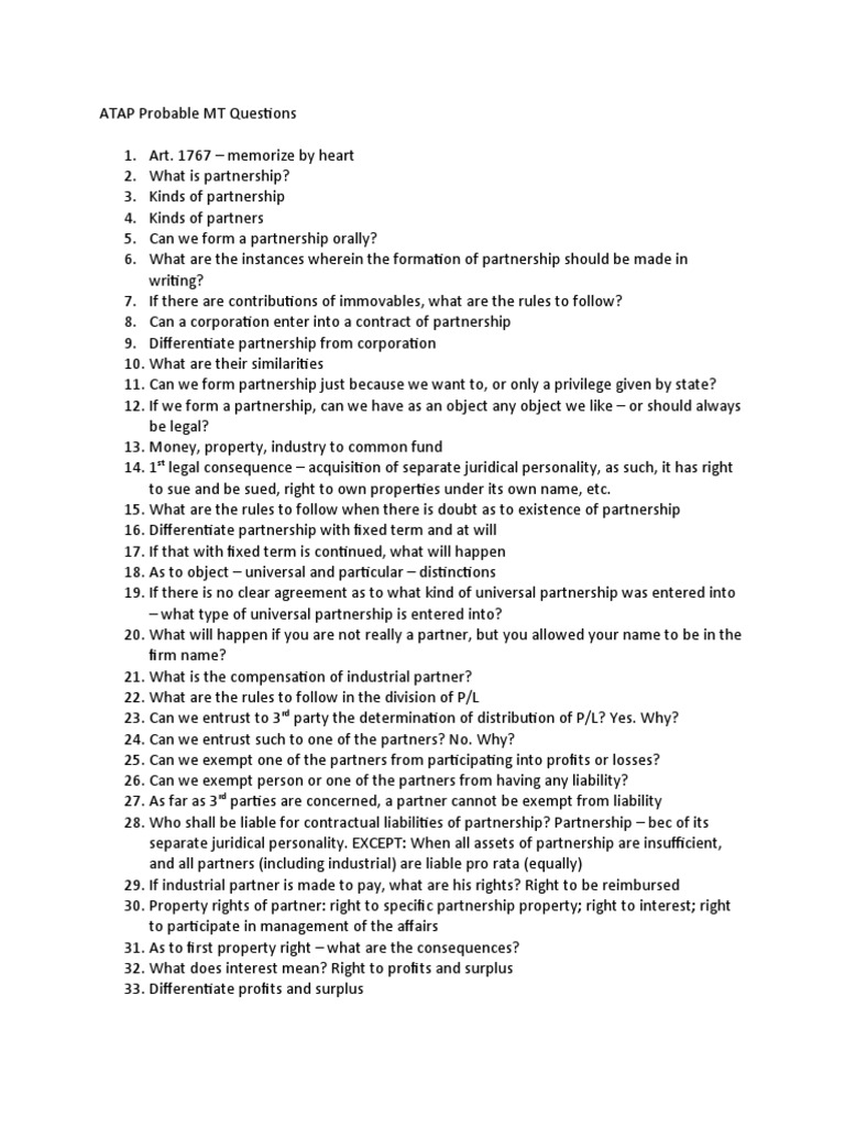 ATAP Probable MT Questions | PDF | Partnership | Liquidation